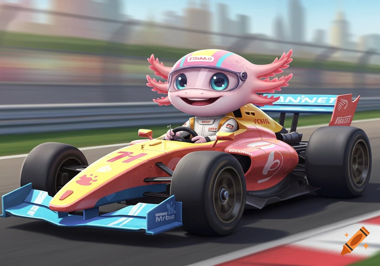 Cartoon axolotl character driving an F1 racecar on a track. on Craiyon