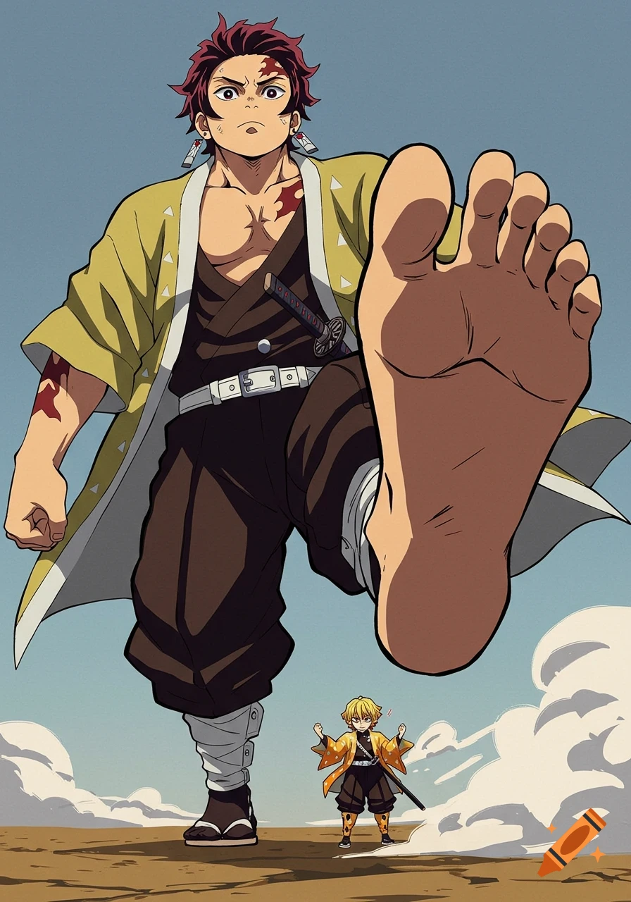 Giant anime character Tanjiro stepping towards a tiny anime character ...