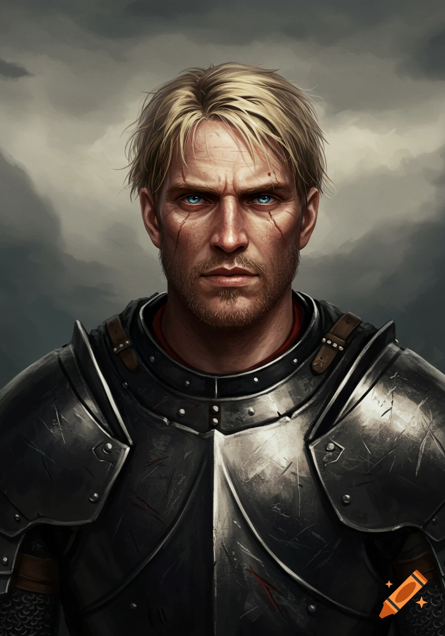 Portrait of a knight with blonde hair and blue eyes in dark armor ...