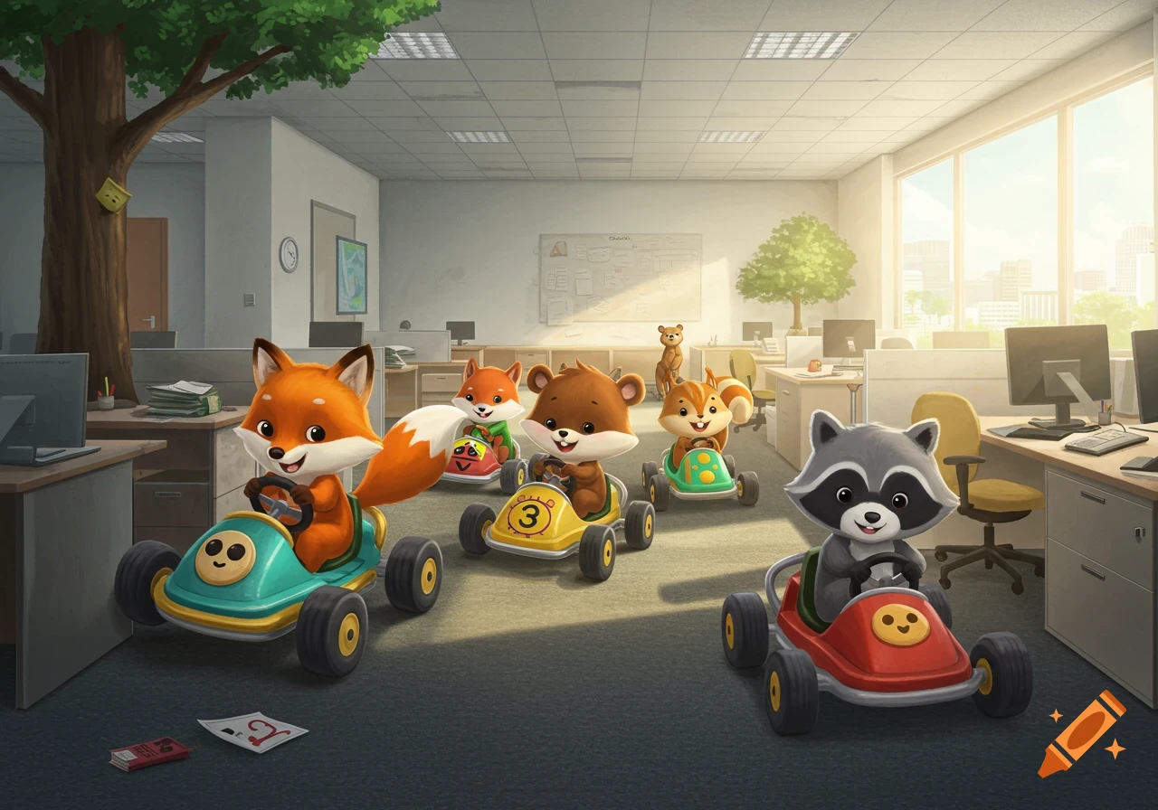 Cartoon woodland animals race go-karts through an office. on Craiyon