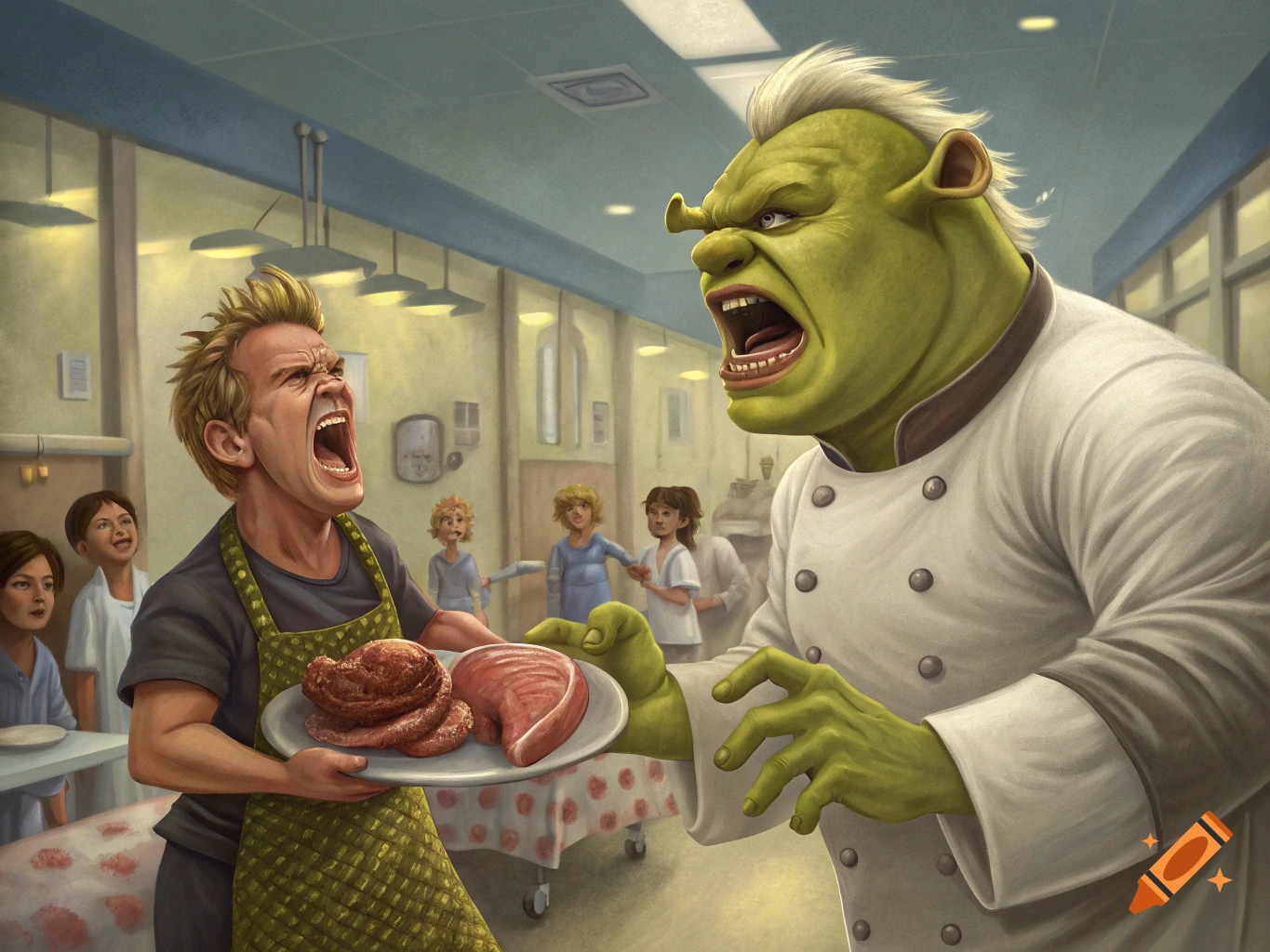Illustration of Shrek yelling at a chef with raw meat in a hospital ...