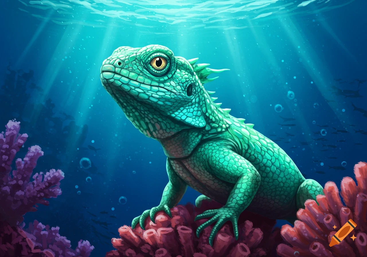 A green lizard sits on pink coral underwater, with light rays streaming ...