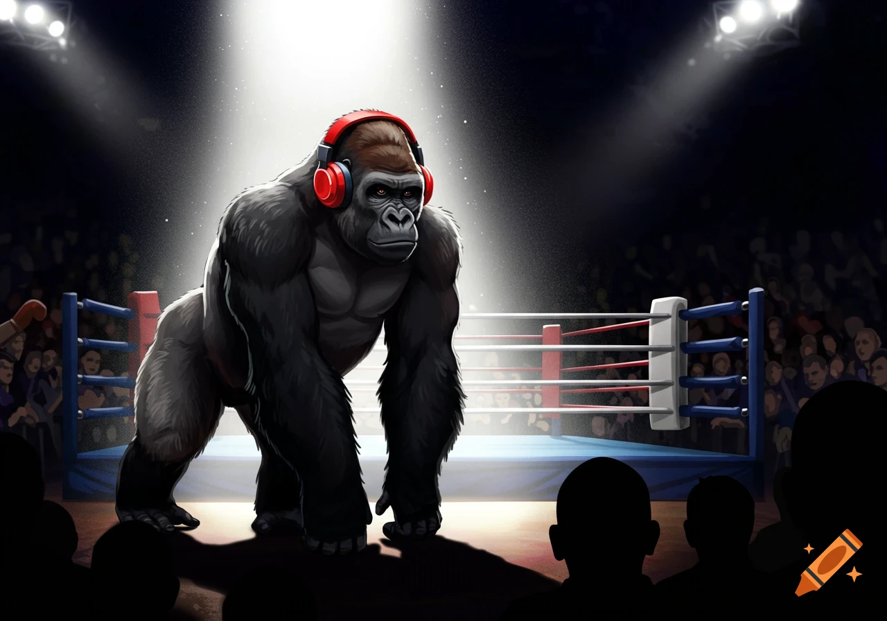Illustrated gorilla with red headphones walks into a boxing ring under spotlights with a crowd ...