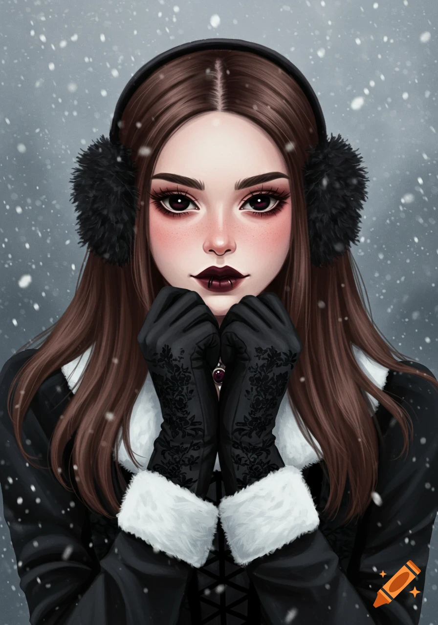 Illustration of a gothic woman with earmuffs and gloves in a snowy ...