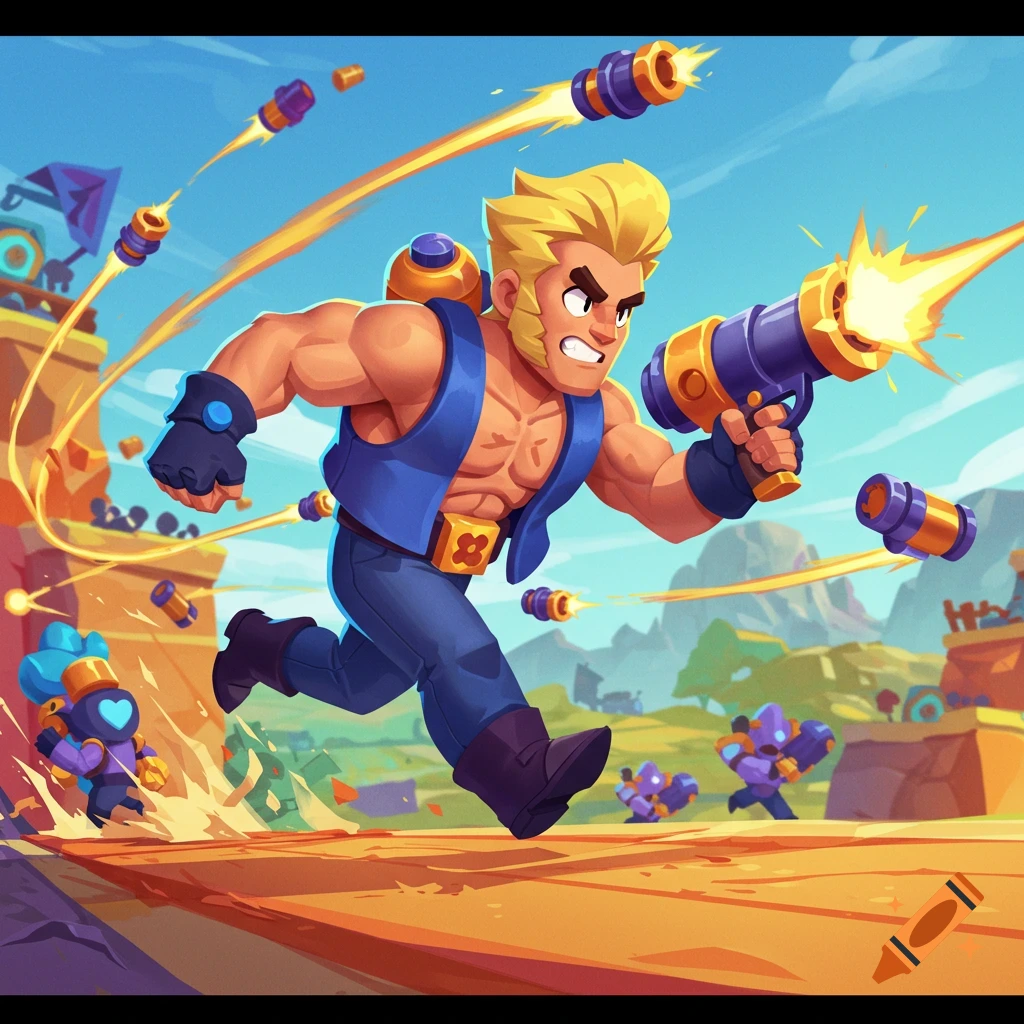 Cartoon style character running and shooting a large gun, dodging ...