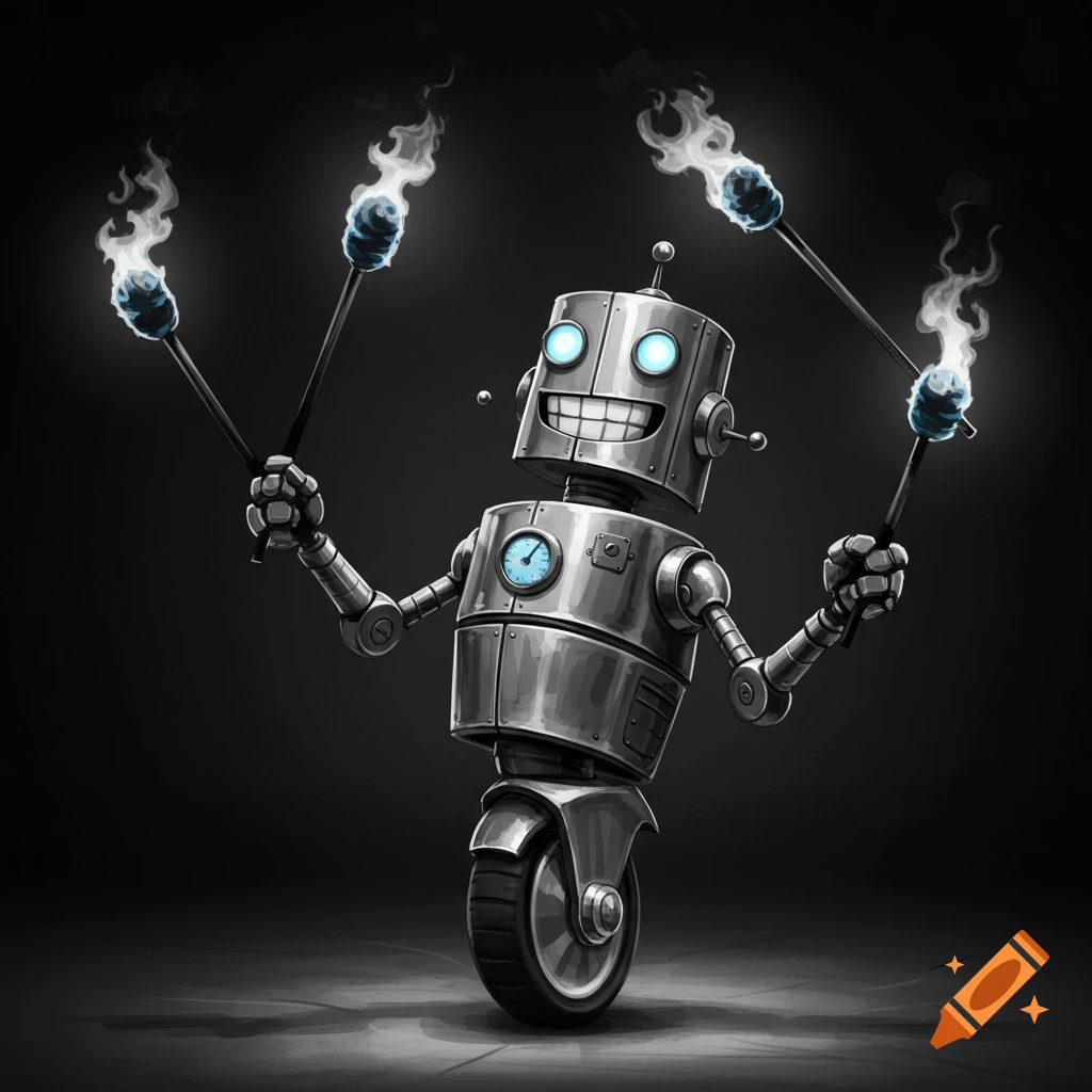 A happy grayscale robot on a wheel juggles four smoking torches. on Craiyon