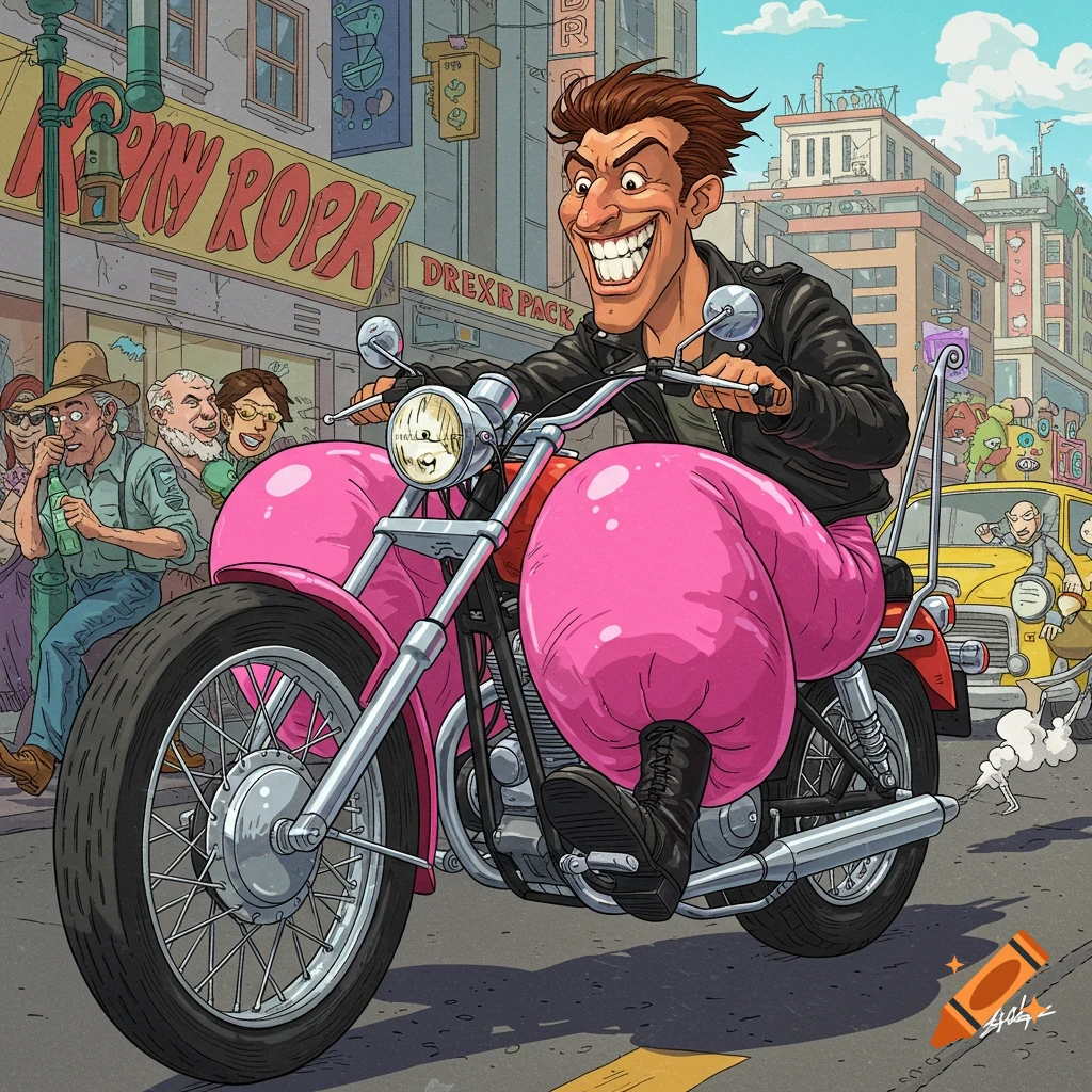 Cartoon man with giant pink inflatable pants rides a motorcycle down a ...