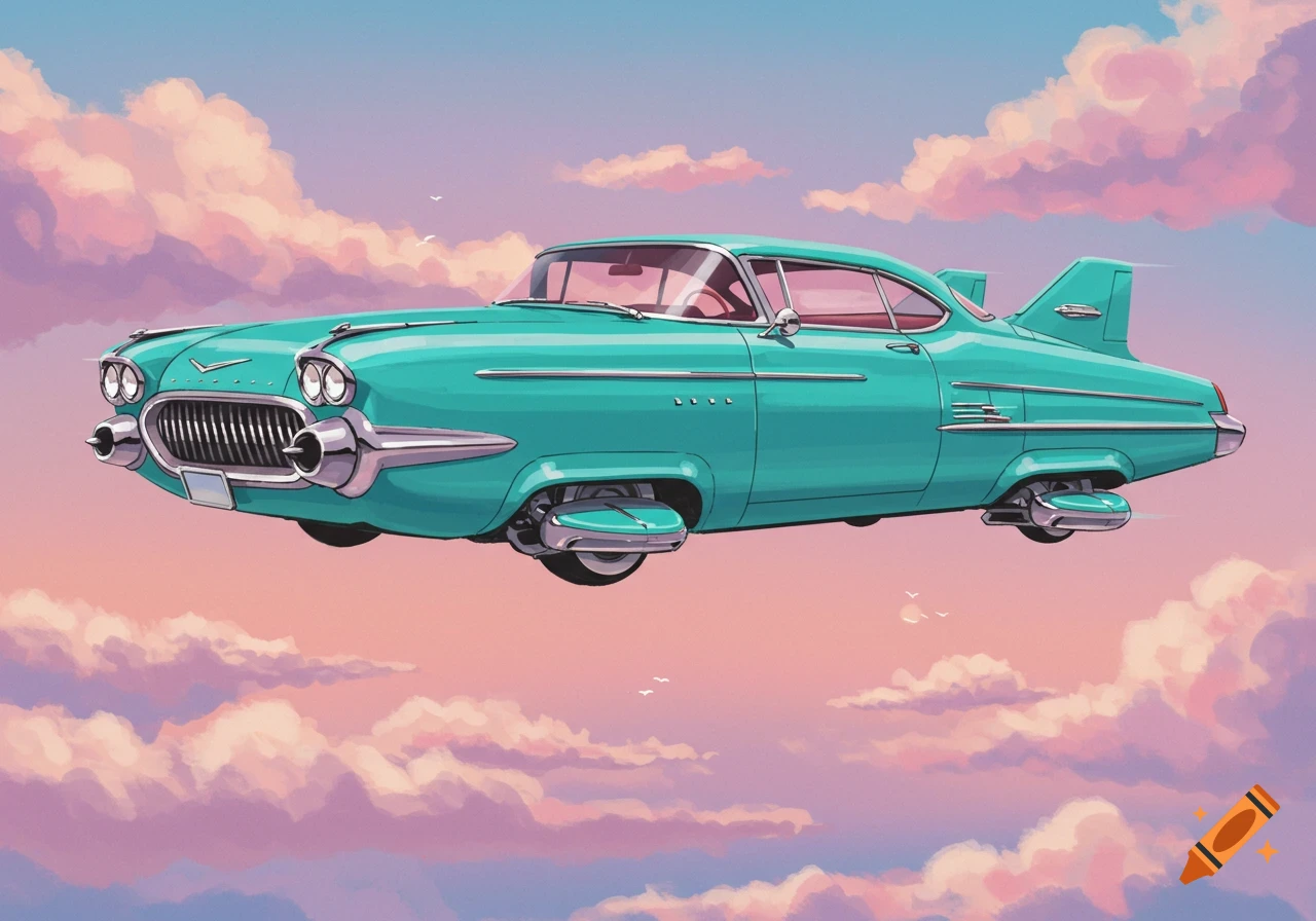 A retro-futuristic teal flying car floats among pink and purple clouds ...