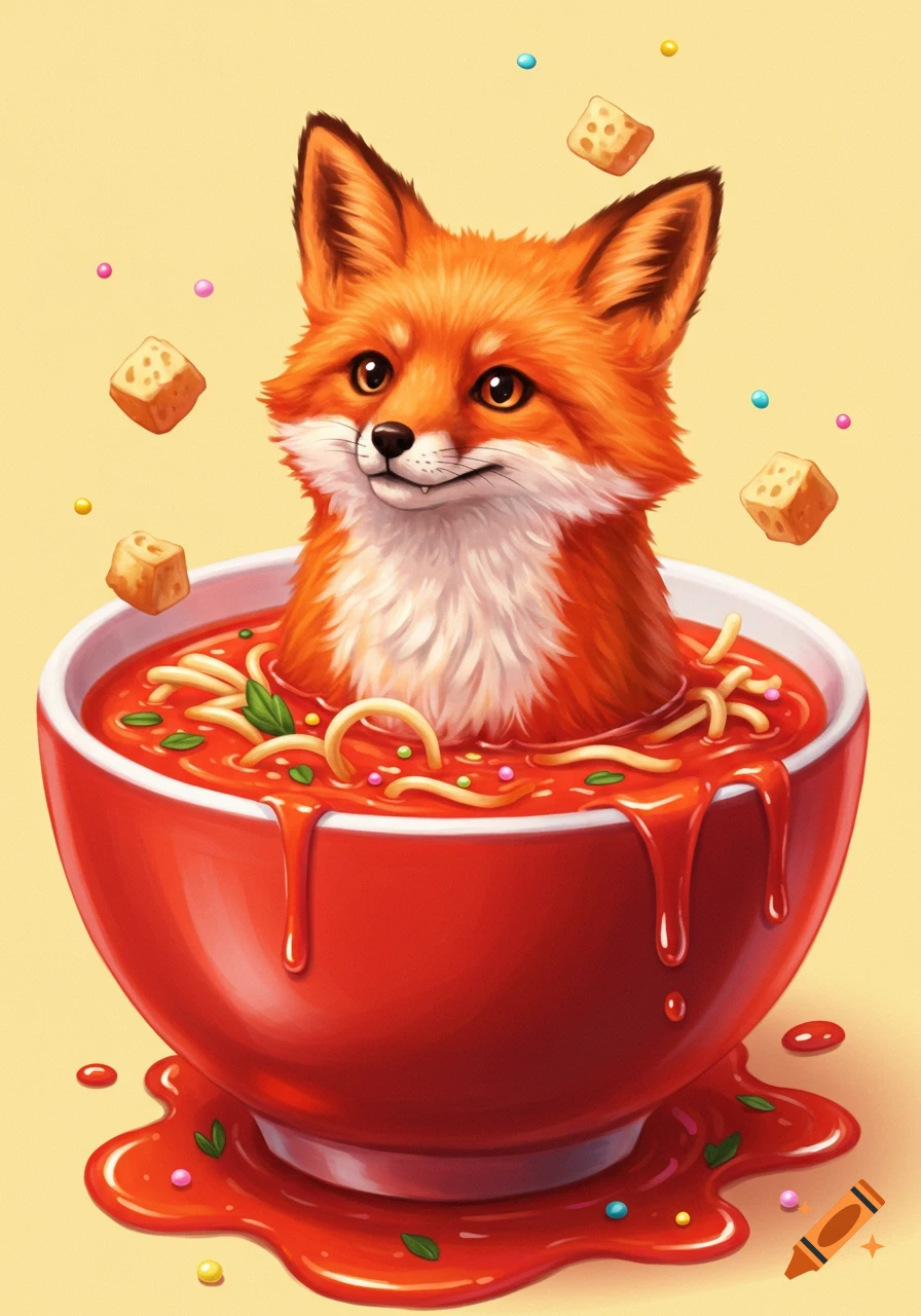 An illustration of a fox head in a bowl of soup with noodles and ...