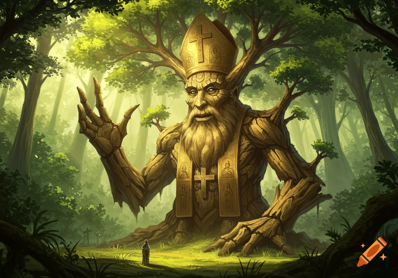 A giant tree creature wearing a bishop's mitre and stole stands in a ...