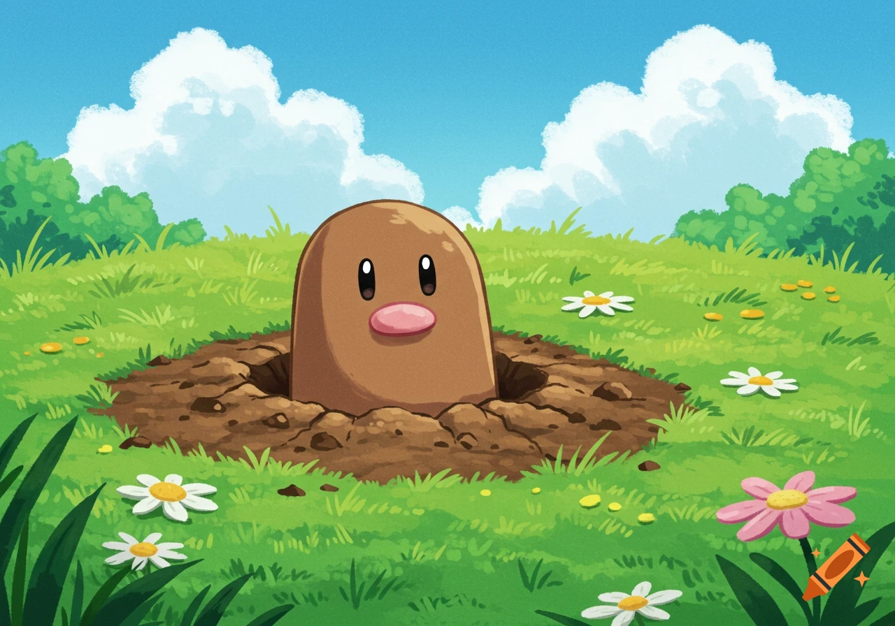 The Pokemon Diglett emerges from a hole in a grassy field with flowers ...