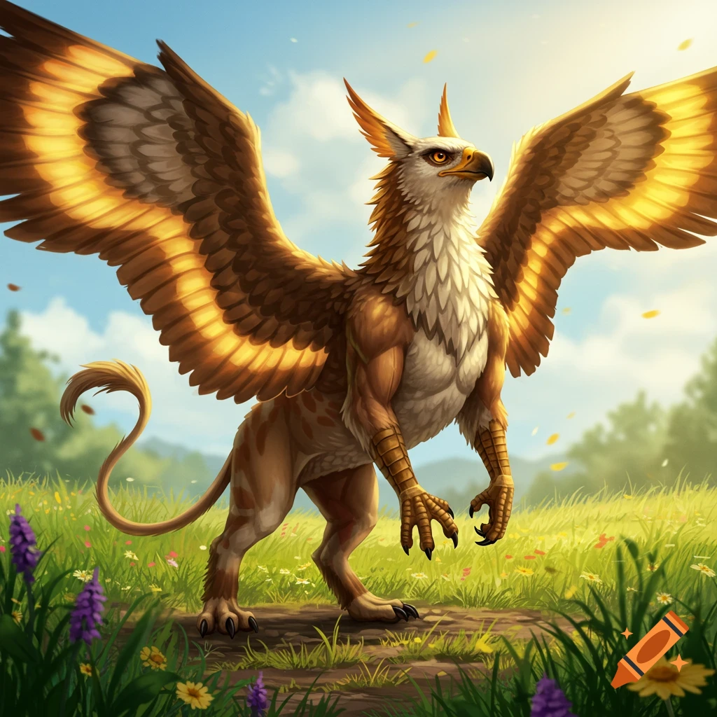 A majestic gryphon stands in a grassy field with flowers under a sunny ...