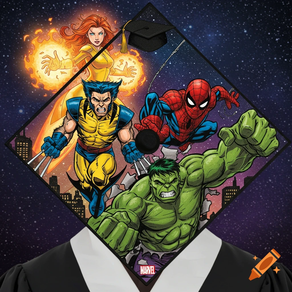 Comic art of Wolverine, Jean Grey, Spiderman, and Hulk bursting through ...