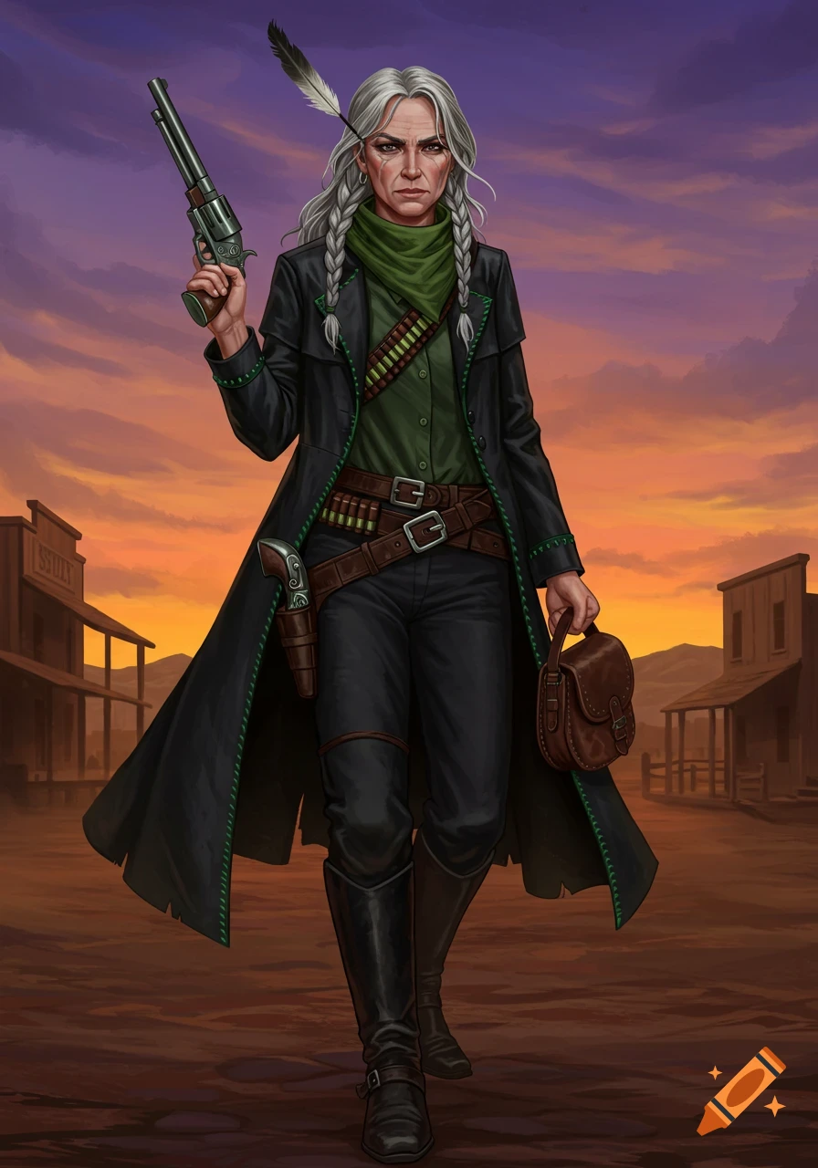 An older woman in a black coat holds a revolver in a Western town at ...