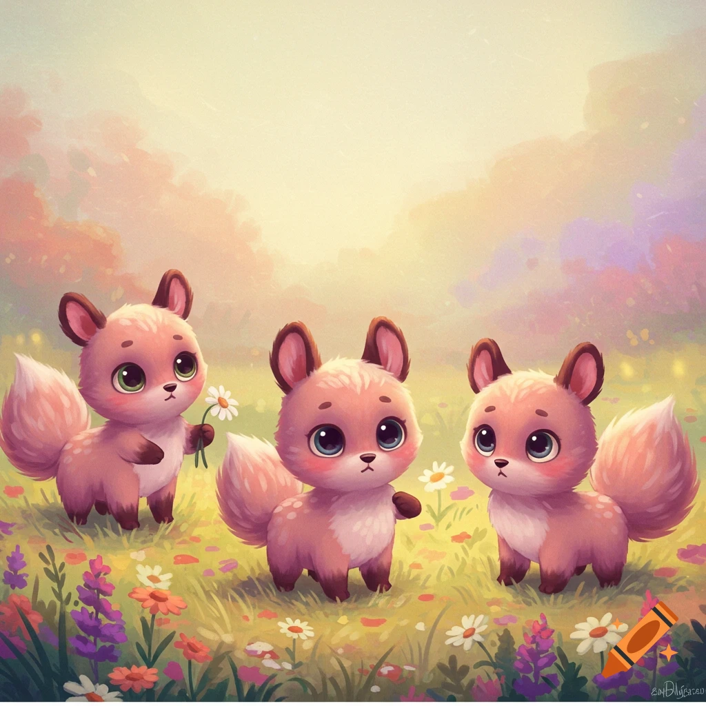 Three cute cartoon fox creatures in a flowery field. on Craiyon