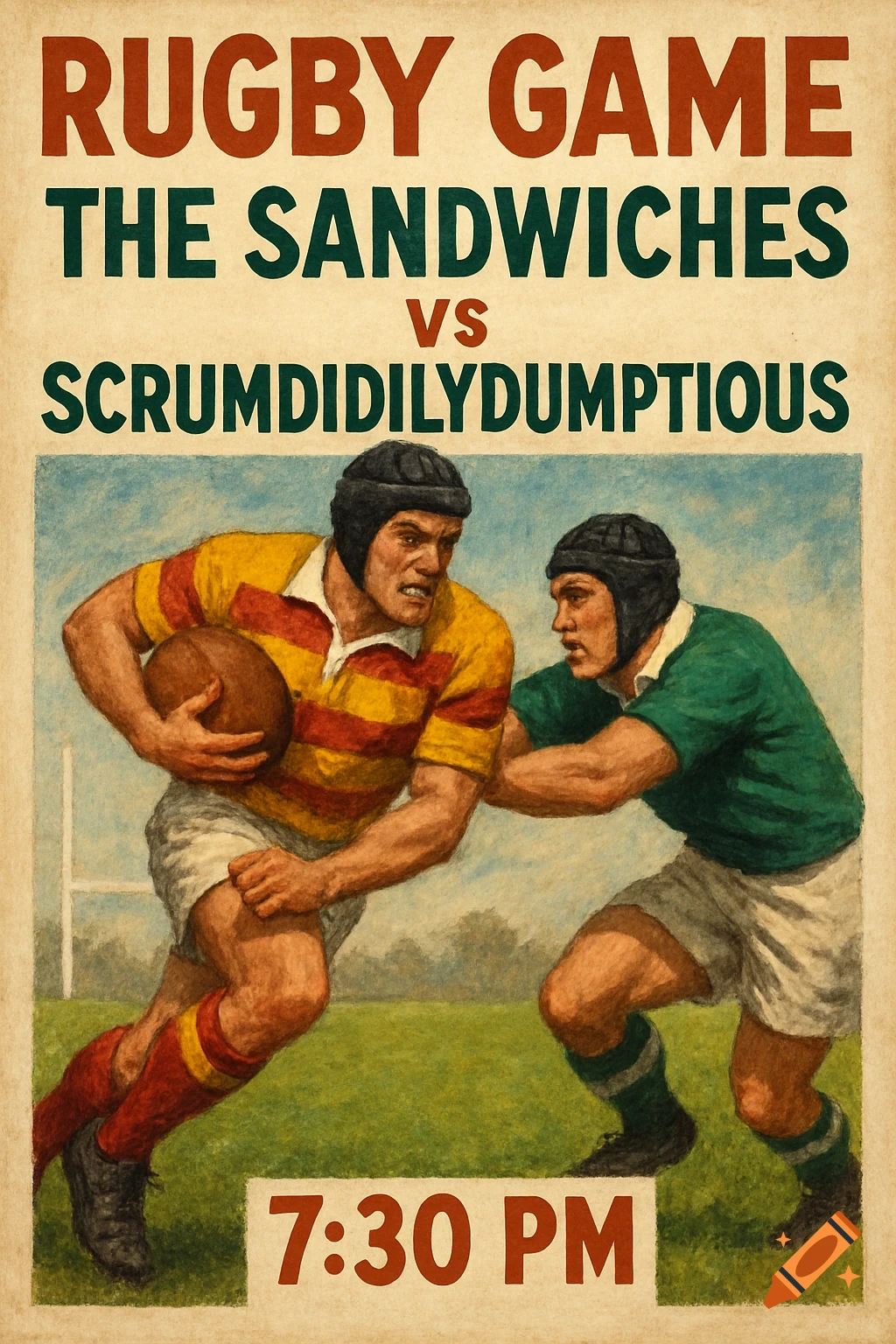 Vintage illustration poster for a rugby game between The Sandwiches and ...