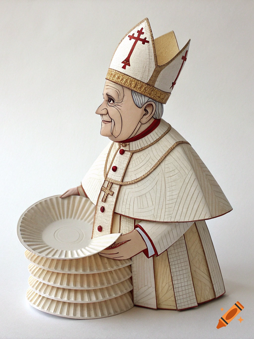 Paper cutout figure resembling a pope holding a stack of paper plates ...