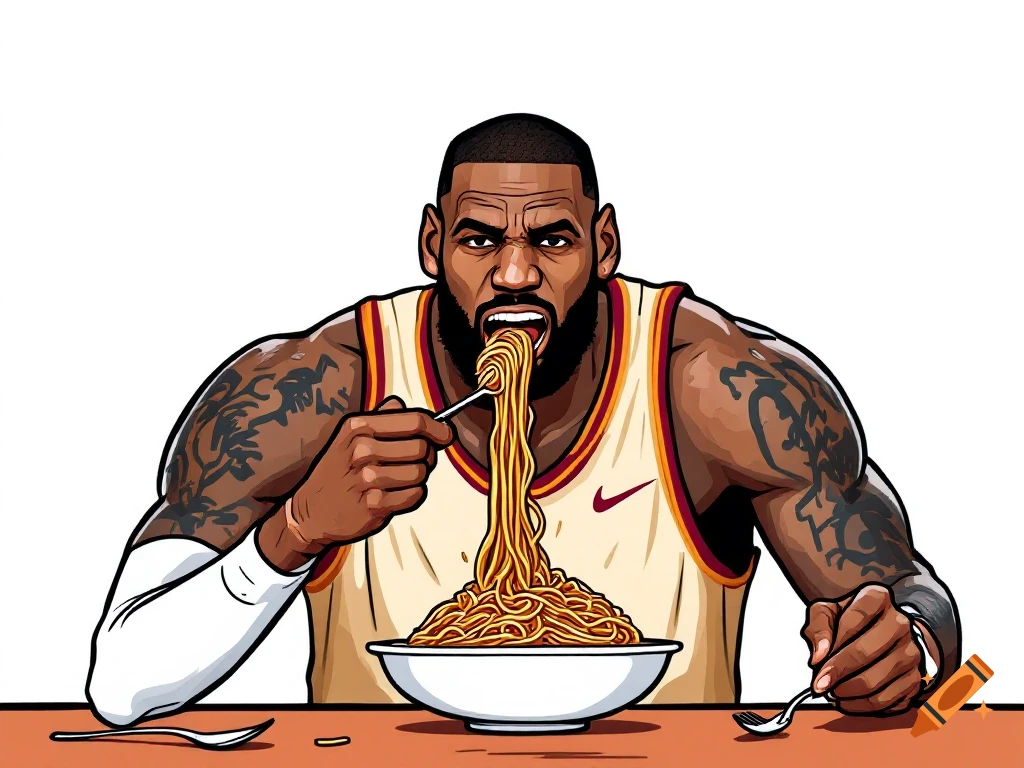 Cartoon illustration of Lebron James intensely eating a large bowl of ...