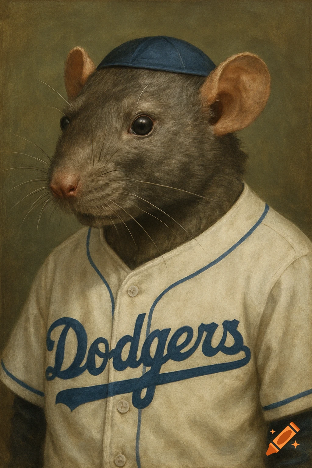 Portrait of a rat wearing a Los Angeles Dodgers baseball jersey and a ...