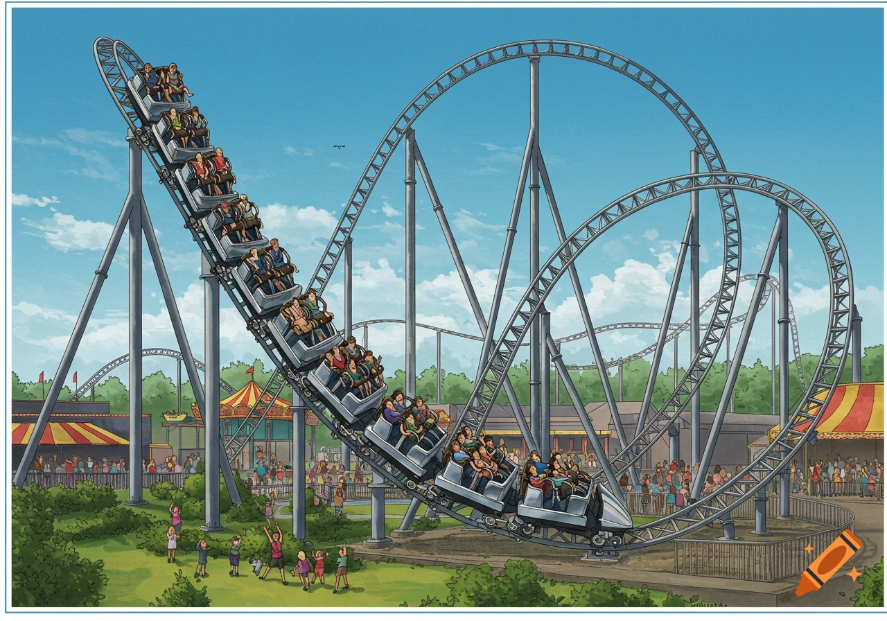 An illustrated scene of a roller coaster train descending a large drop at an amusement park. on ...