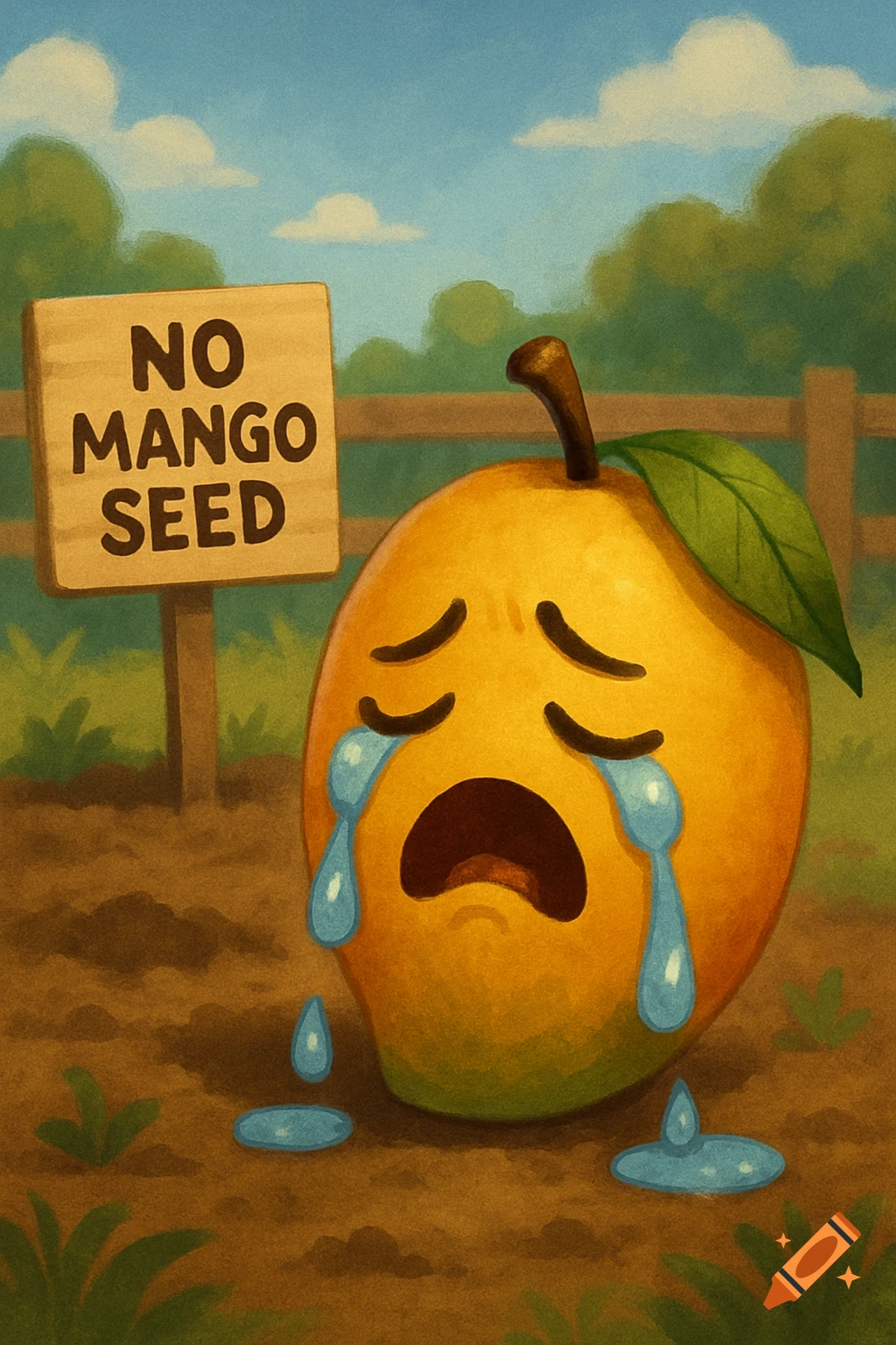 Cartoon mango crying next to a sign in a garden on Craiyon