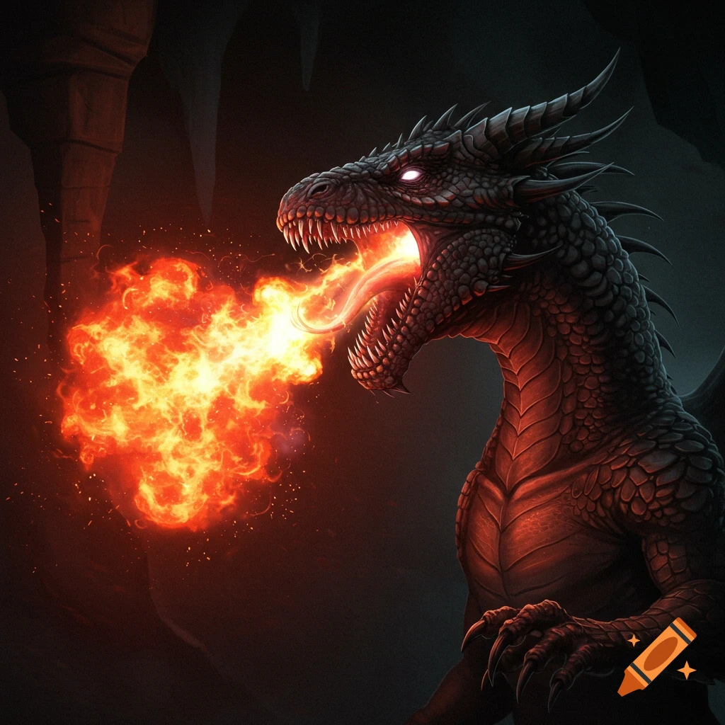 Detailed illustration of a black dragon breathing orange fire on Craiyon