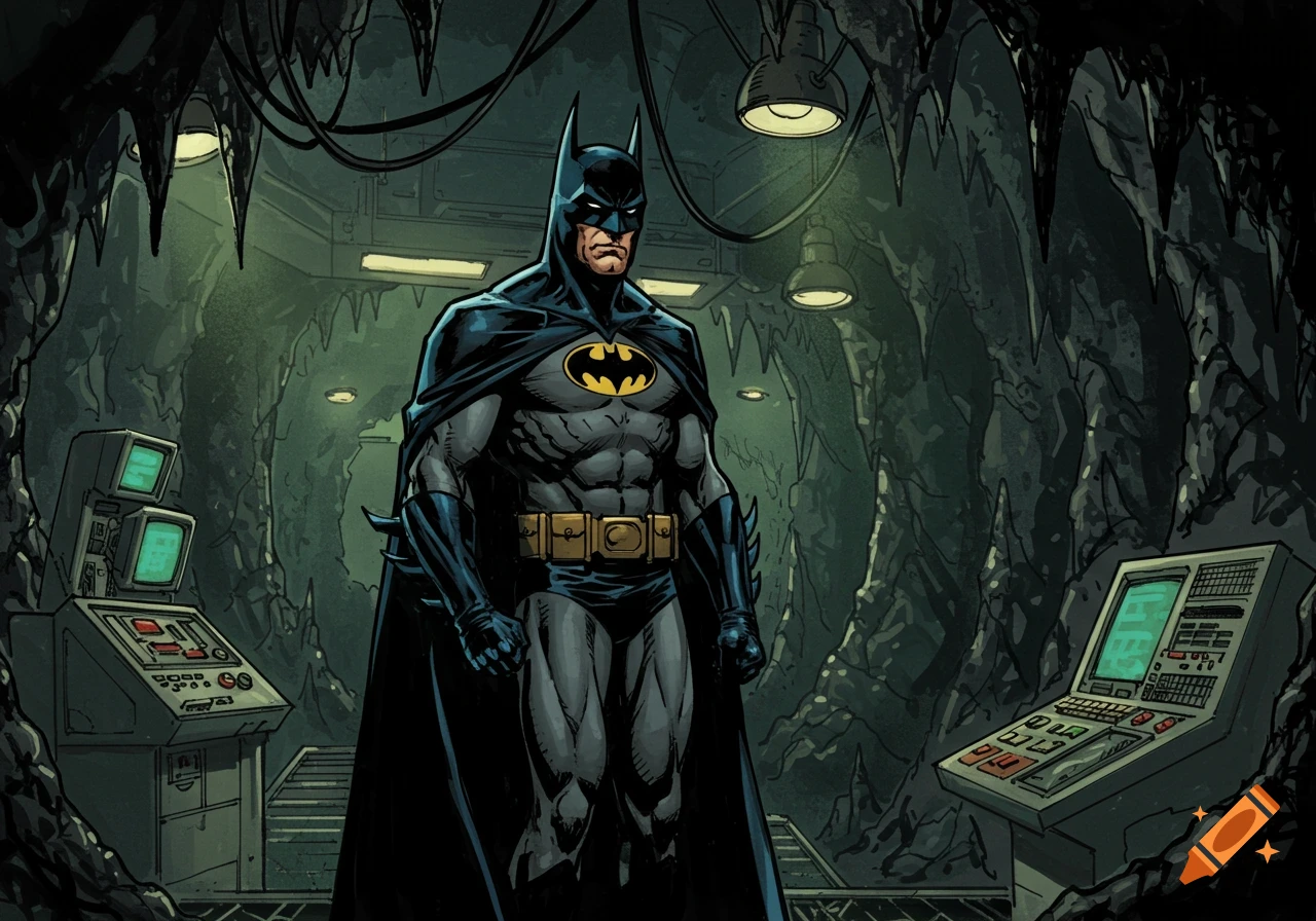 Comic book style illustration of Batman standing in the Batcave. on Craiyon