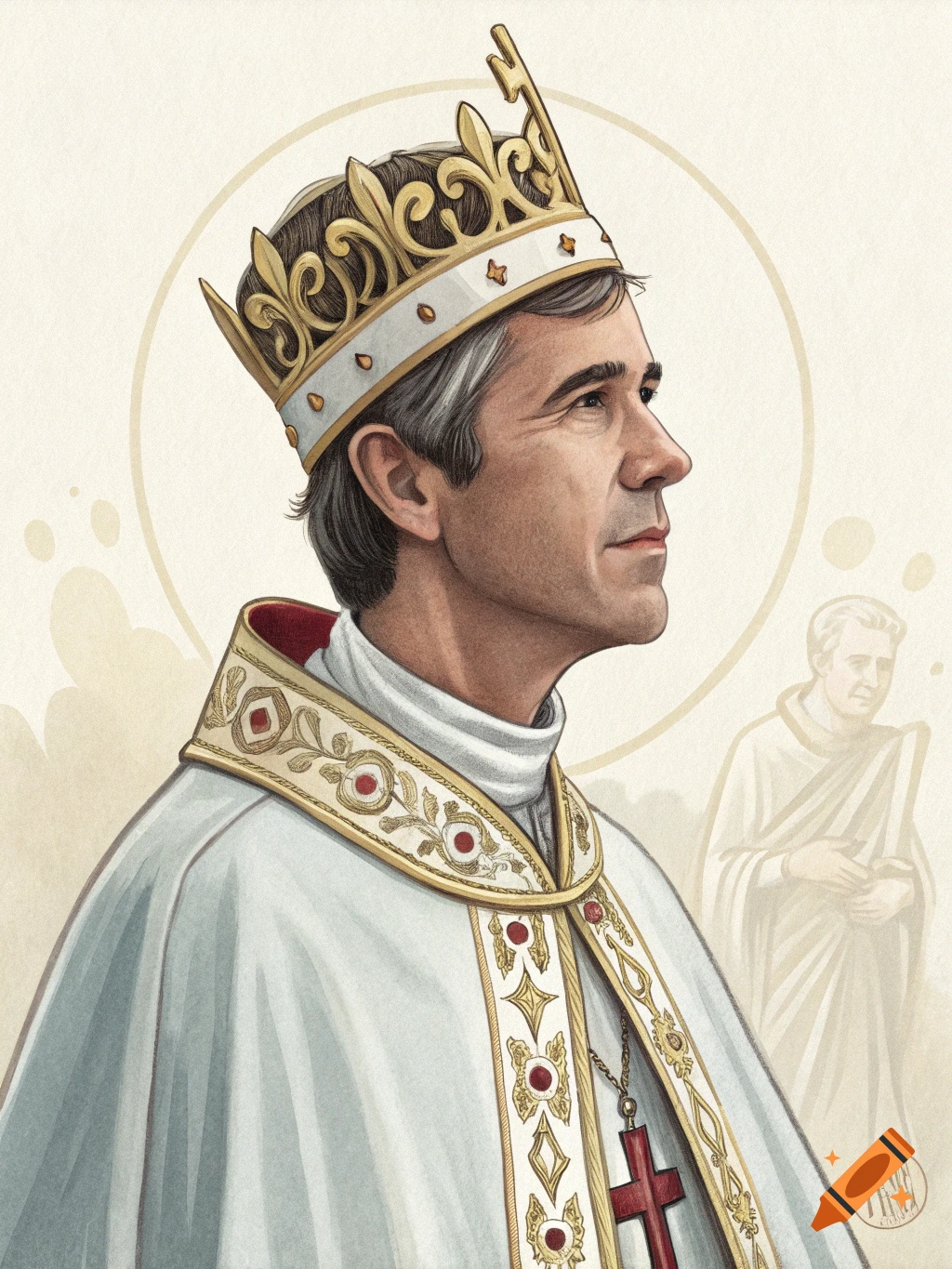 Illustration of a man wearing a Pope's crown and robes. on Craiyon