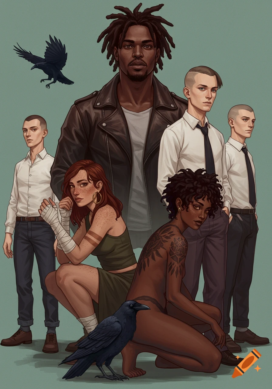 A group of diverse characters with ravens in a stylized illustration ...