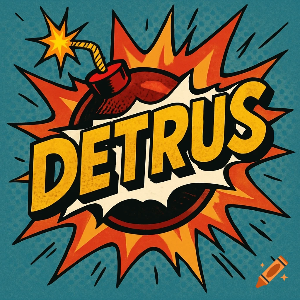 Comic book style explosion with a bomb and the word DETRUS in yellow ...