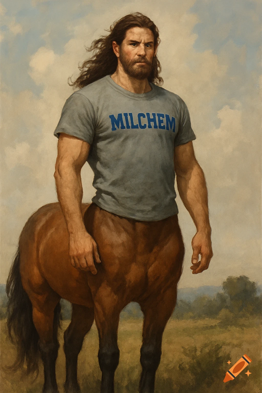 A muscular centaur wearing a gray t-shirt stands in a field. Painterly ...