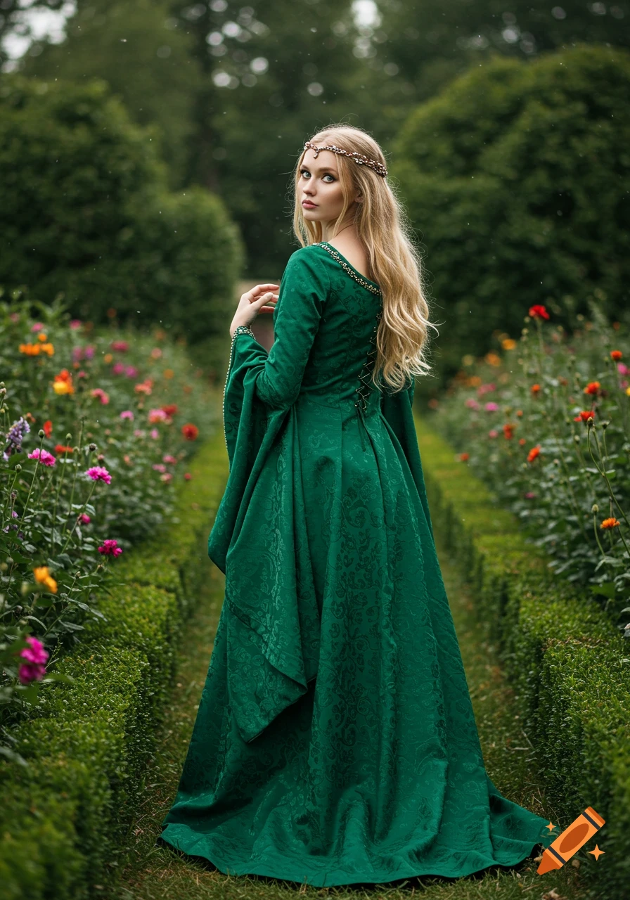 A woman in an emerald green medieval gown stands in a garden. on Craiyon