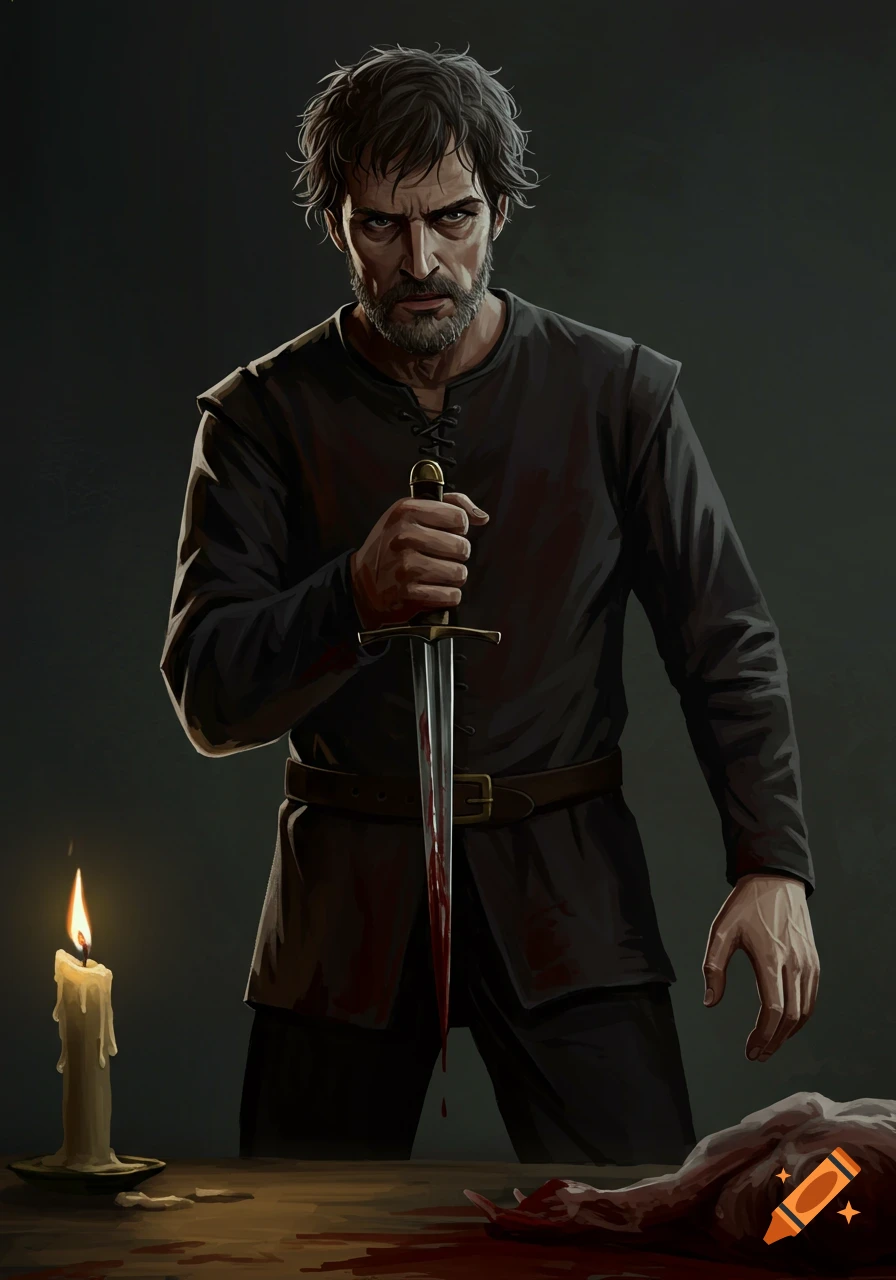 Illustration of Macbeth holding a bloody dagger over a bloody table. on ...