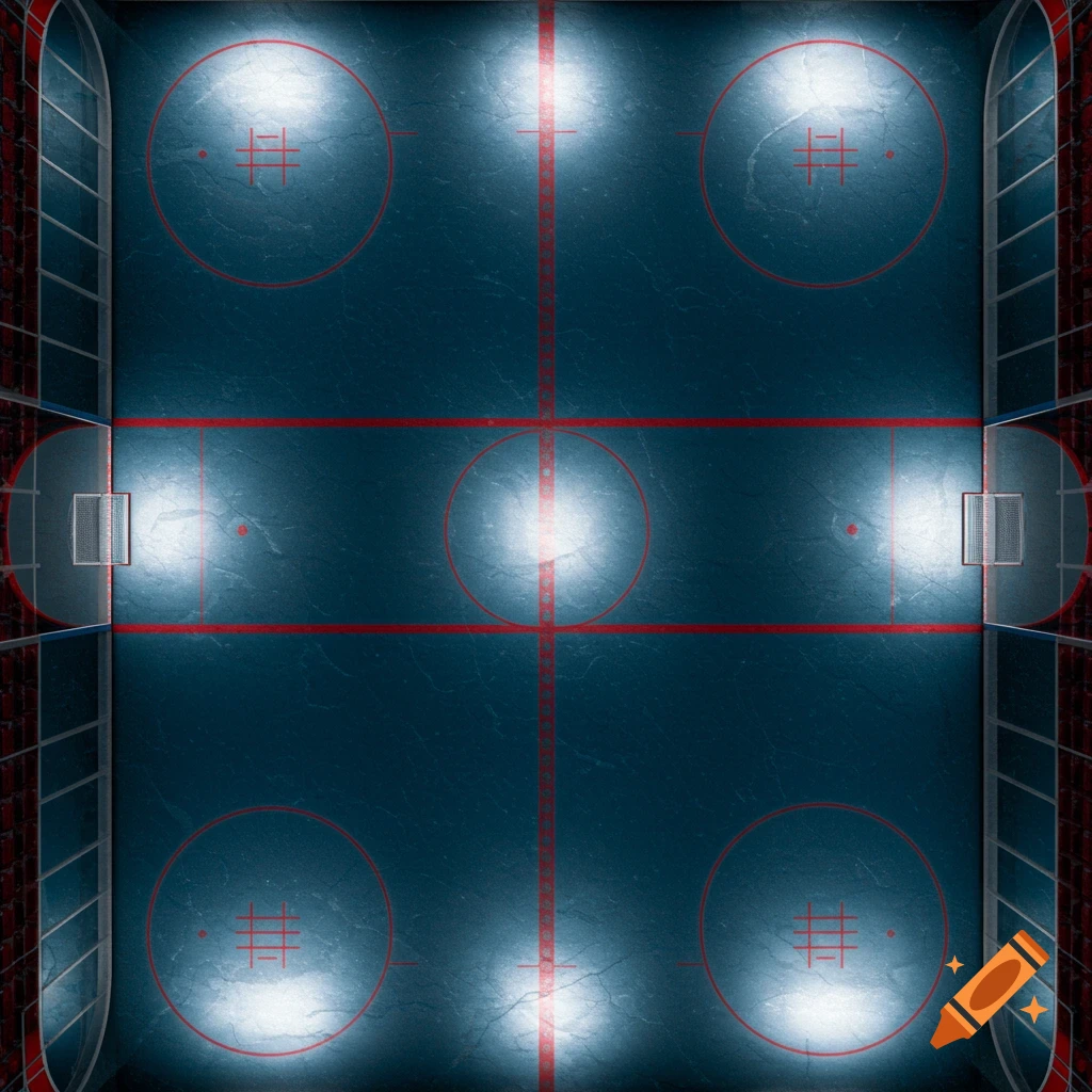 Overhead view of a hockey rink with red lines and circles. on Craiyon
