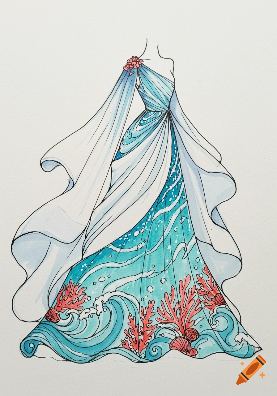 Drawing of an elegant dress with an ocean wave and coral pattern. on ...