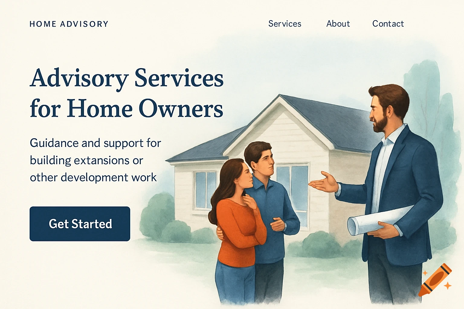 Illustration of people discussing home improvement services in front of ...