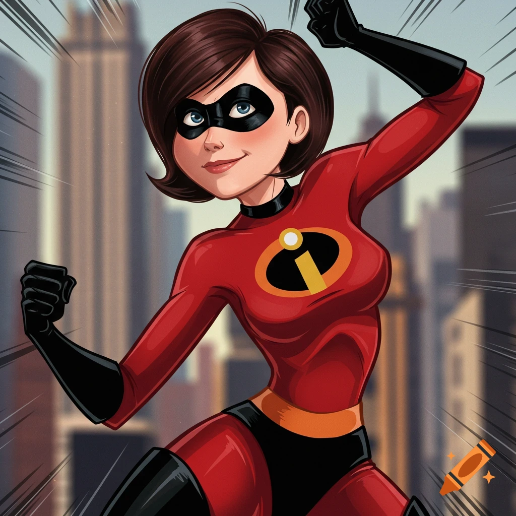 Illustration of Helen Parr (Elastigirl) in her red and black superhero costume, posing ...