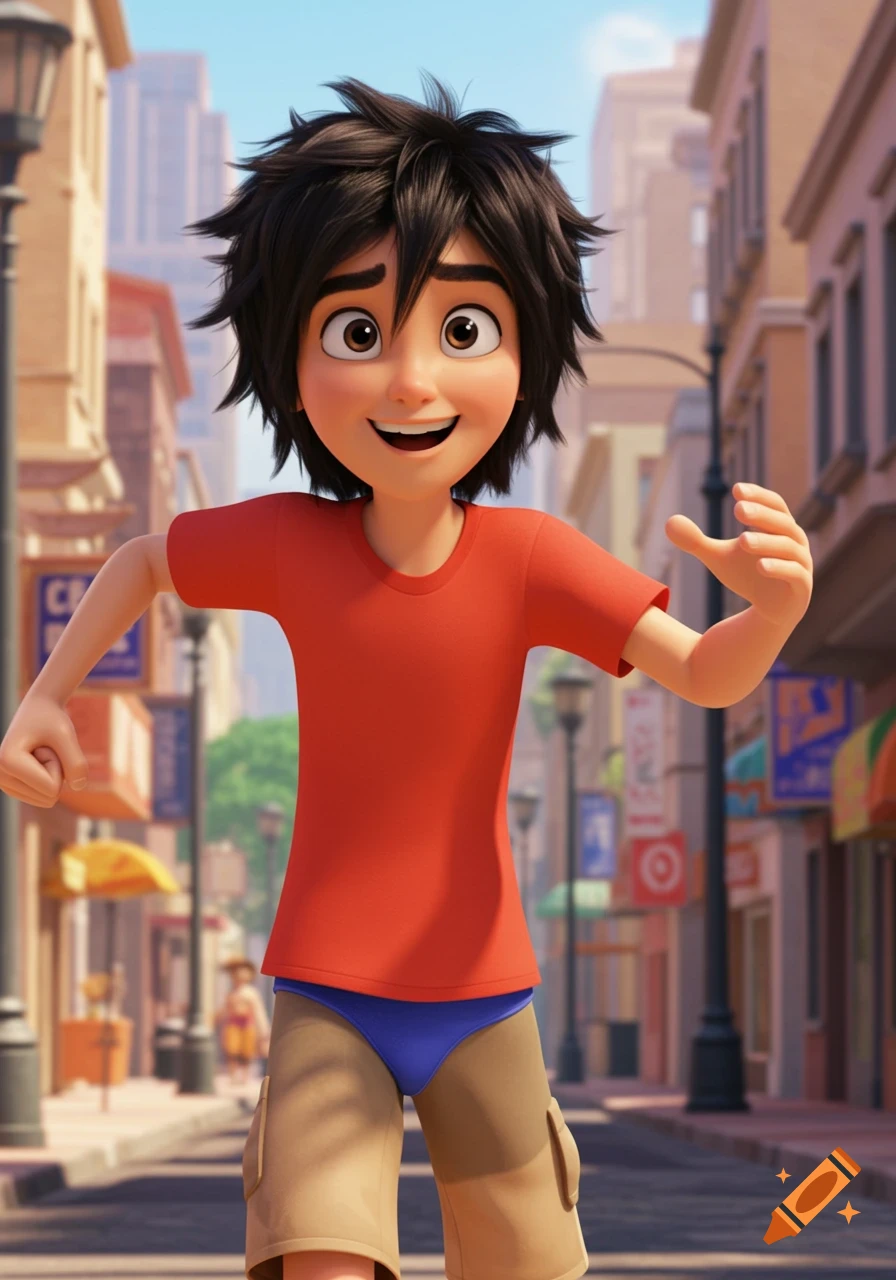 Cartoon character Hiro Hamada in red shirt and shorts runs down a city street. on Craiyon