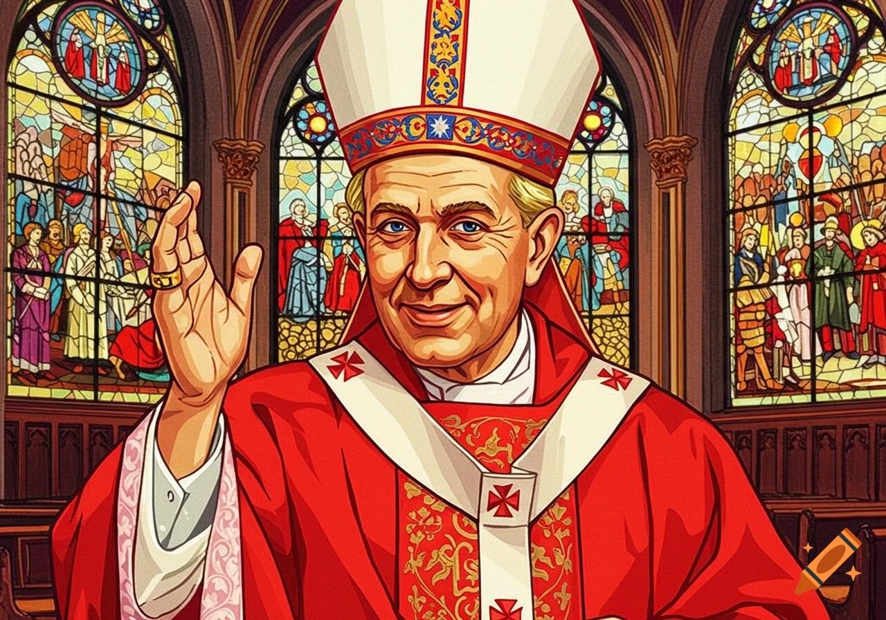 Illustration of a man in a pope's attire smiling and waving in a church ...