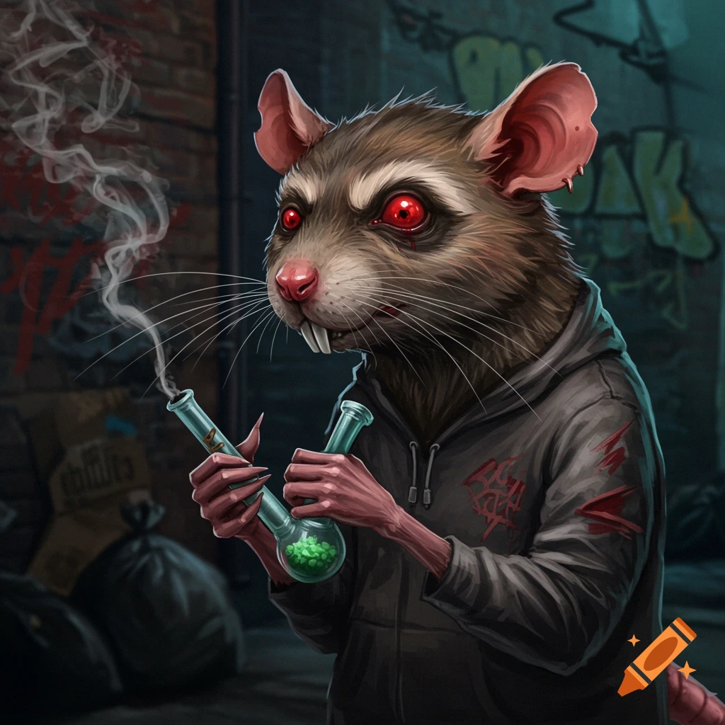 Illustration of a rat character in an alleyway holding glass pipes and ...