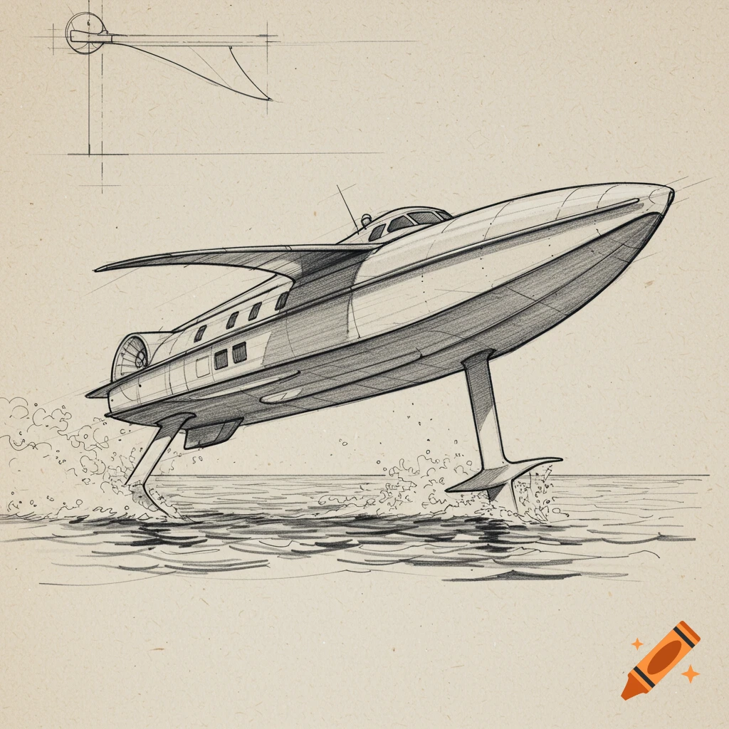 Hand-drawn sketch of a hydrofoil boat on the water. on Craiyon
