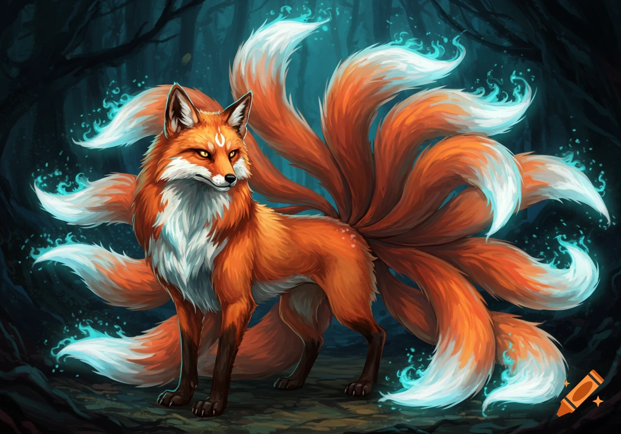 A multi-tailed orange kitsune with glowing blue foxfire stands in a ...