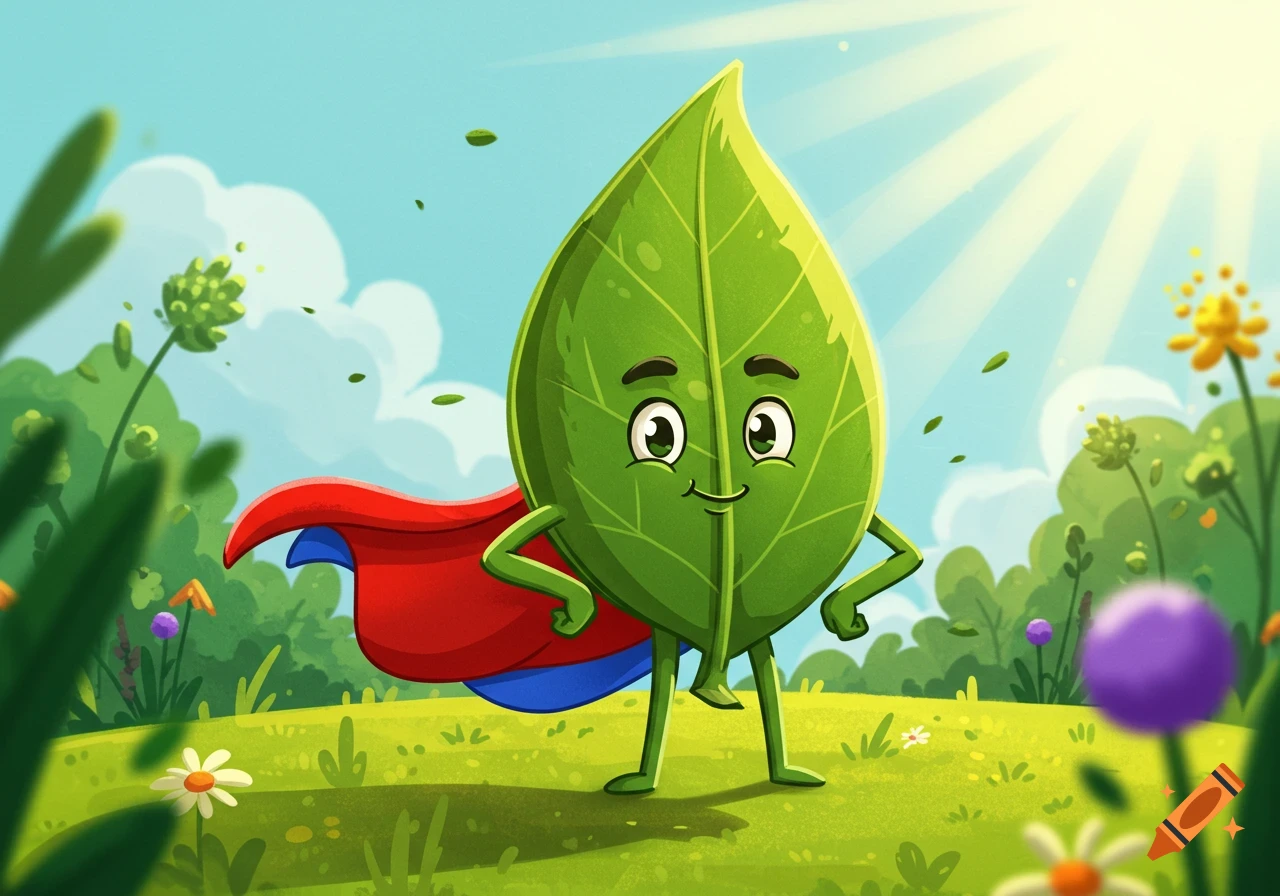 A cartoon leaf character with a red cape stands in a sunny green field ...