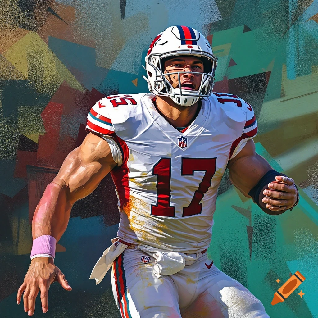 Stylized image of a football player in a white uniform with red number ...