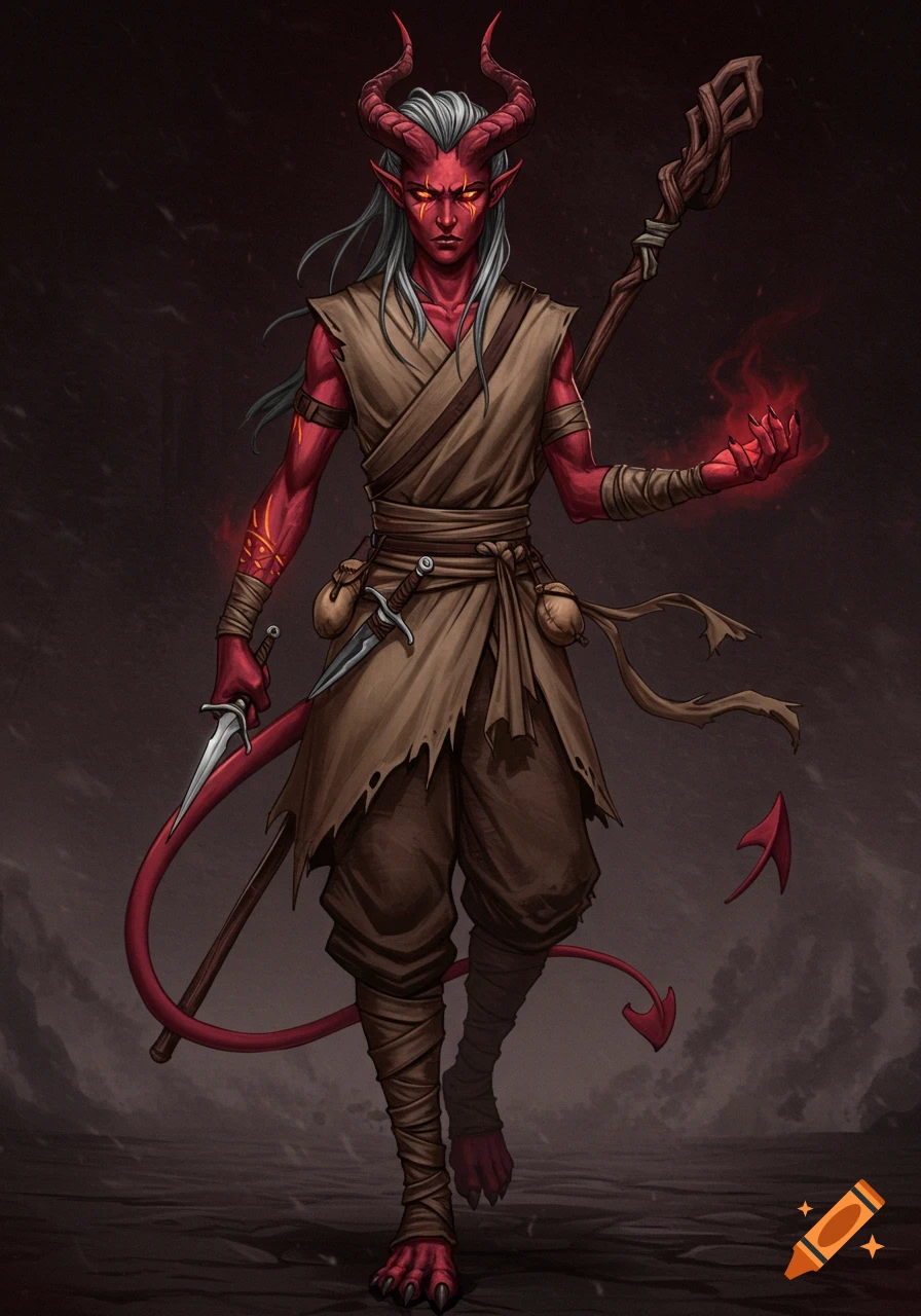 Red-skinned tiefling fantasy character in monk robes holds a dagger and ...