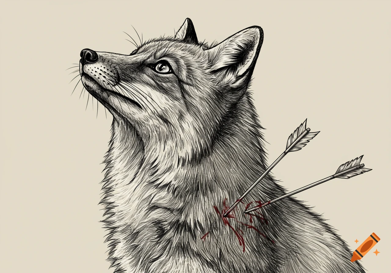 Black and white drawing of a fox looking up with arrows in its side. on ...