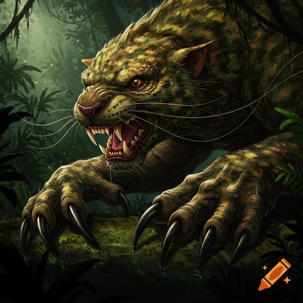 A fearsome fantasy feline creature with camouflaged fur, sharp claws ...