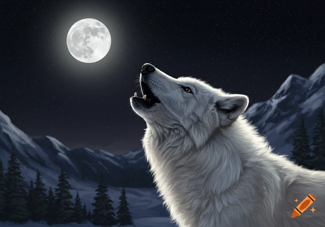 White wolf howling at a full moon in a snowy mountain landscape at night. on Craiyon