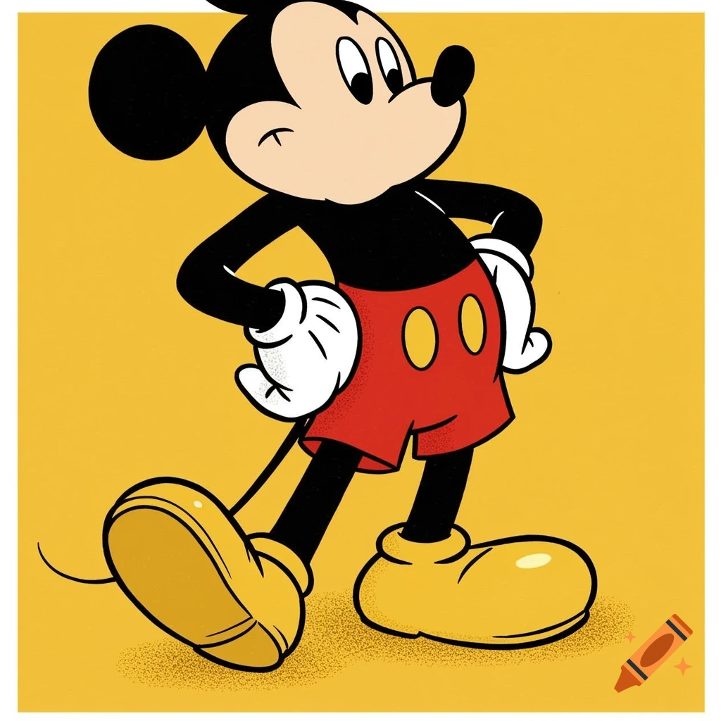 Cartoon graphic of Mickey Mouse in red shorts and yellow shoes on a ...