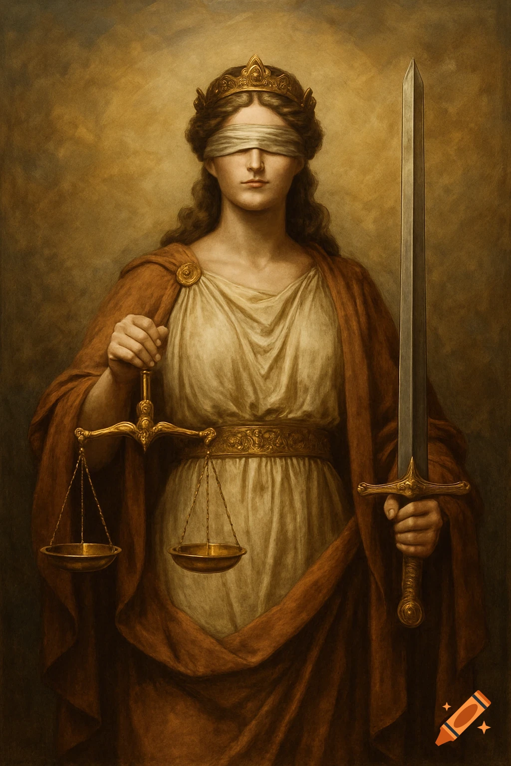 A classical style painting of Lady Justice holding scales and a sword, blindfolded and wearing a ...